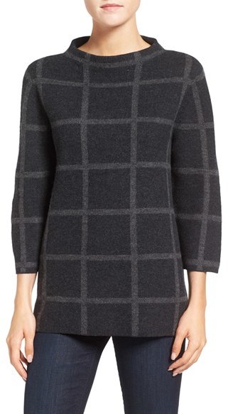 Eileen Fisher Windowpane Felted Merino Wool Funnel Neck Sweater - ShopStyle