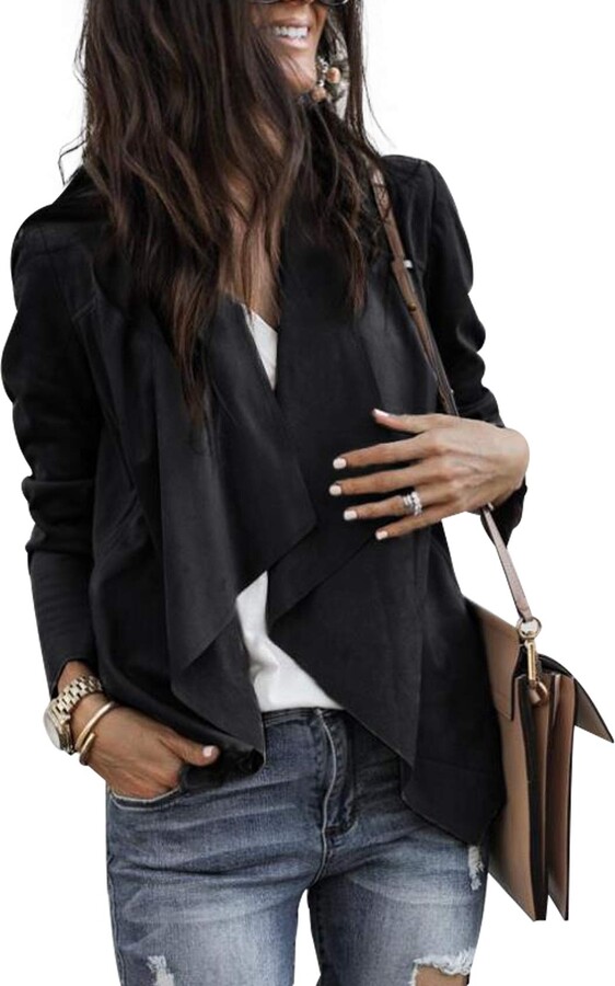 newrong Women Waterfall Open Front Faux Suede Jacket M Black - ShopStyle