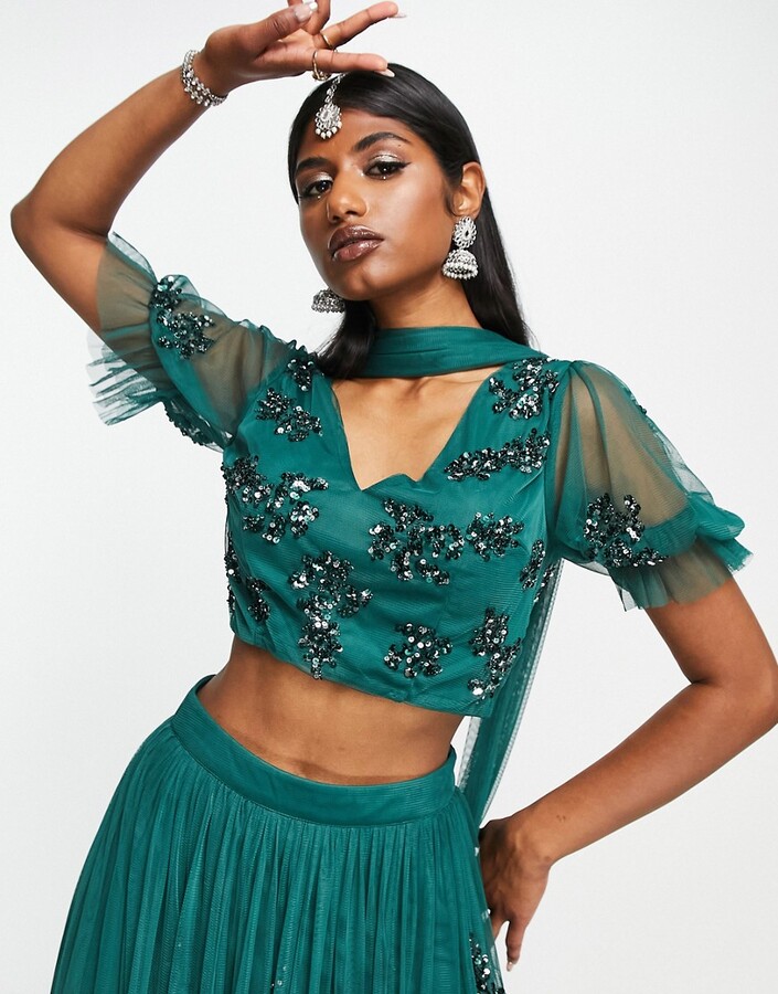 Maya v neck embellished lehenga crop top in emerald green - ShopStyle