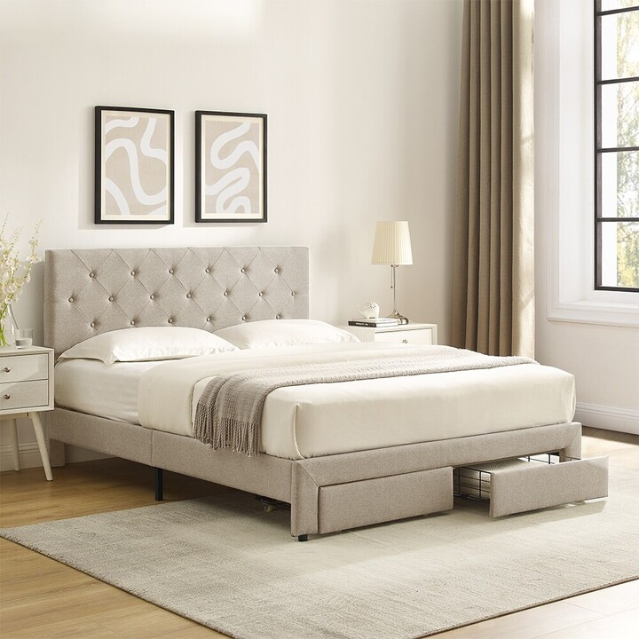 GEROJO Linen Upholstered Platform Bed with 2 Drawers, Tufted Headboard ...