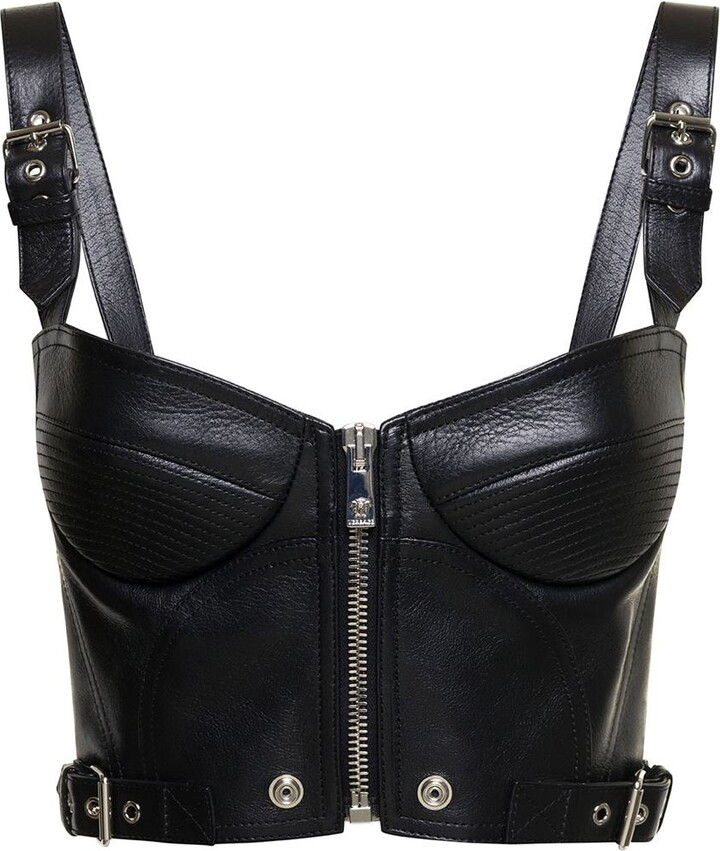 Versace Black Biker Bralette with Front Zip in Leather Woman ...