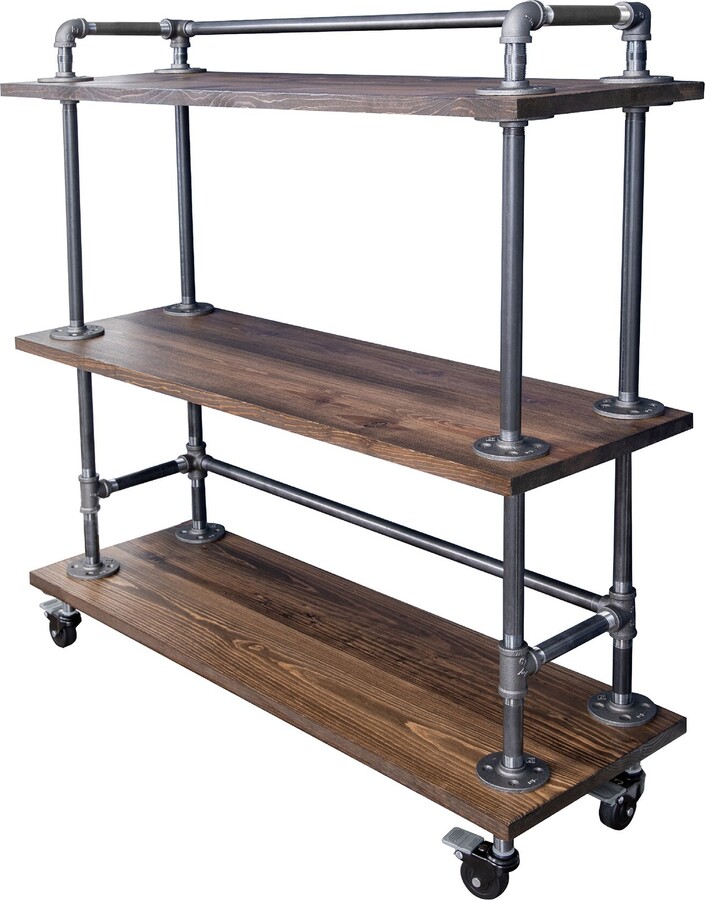 Modern Industrial 3 Tier Solid Wood & Steel Pipe Bar Cart with Wheels ...