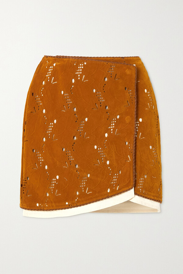 ANDERSSON BELL Kaila Laser-cut Embossed Faux Suede Wrap Mini Skirt ...