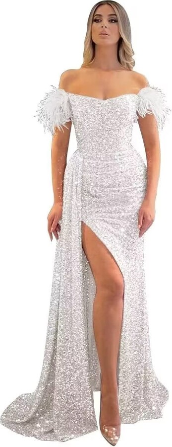 Generic Feather Sequin Prom Dresses Mermaid Off Shoulder Formal Evening ...