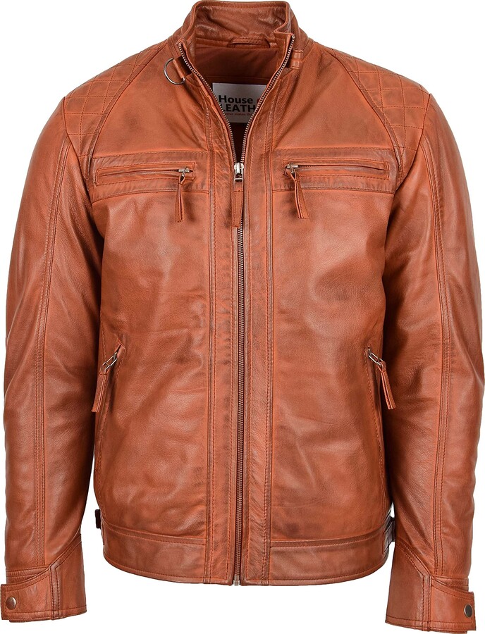 House Of Leather Mens Real Leather Biker Jacket Casual Cafe Racer Style ...