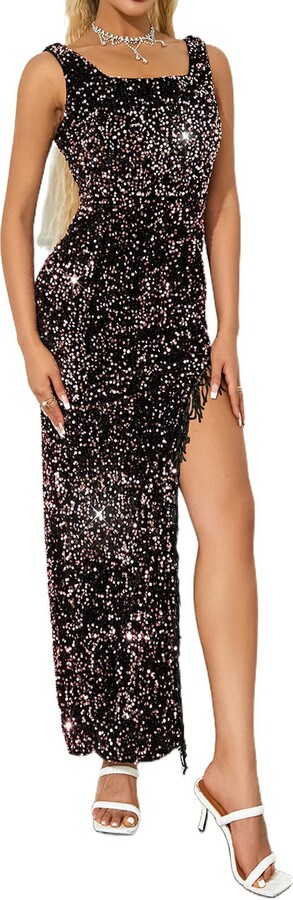 Sunfanrtnn Women Sparkly Sequin Maxi Dress Spaghetti Strap Side Split ...