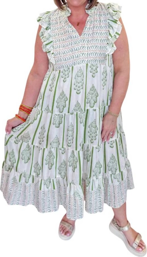 umgee Plus Size Border Print Smocked Dress In Cream/sage - ShopStyle
