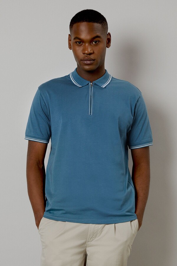Mid Blue Fine Tipping Zip Polo Shirt - ShopStyle