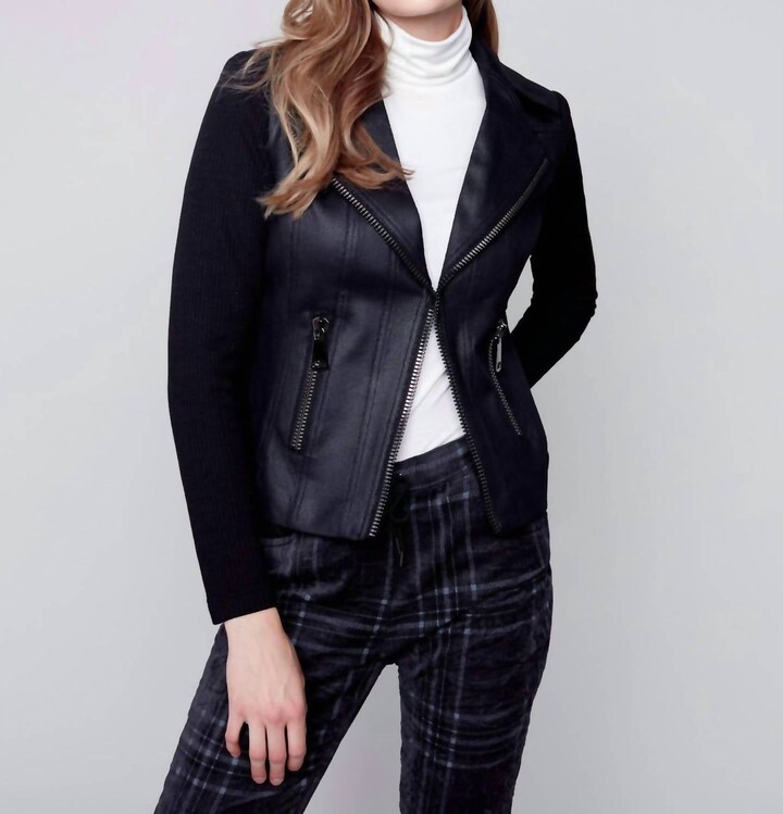Charlie B Vintage Faux Leather Rib Knit Jacket In Black - ShopStyle