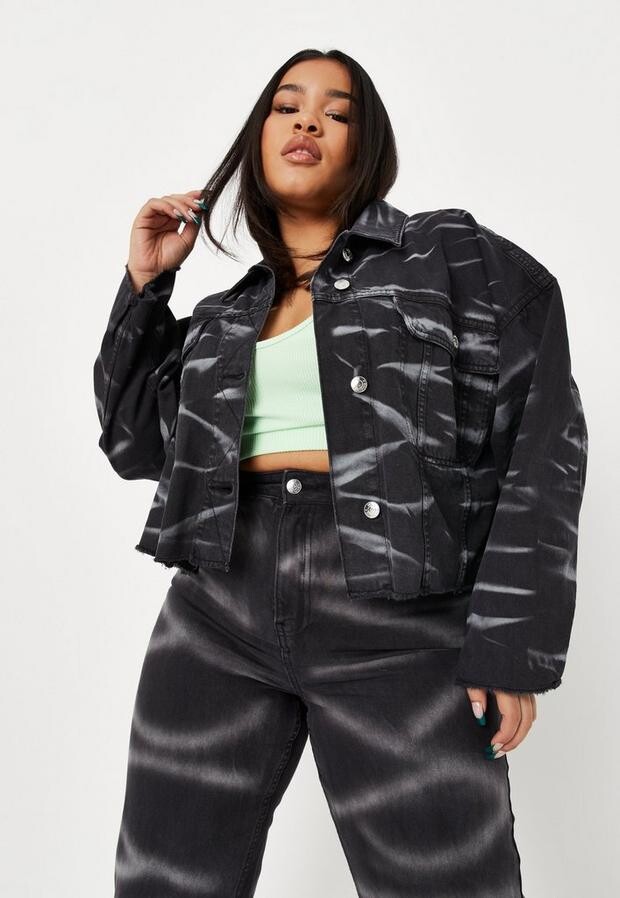 Missguided Plus Size Black Co Ord Pleat Smoke Raw Hem Denim Jacket