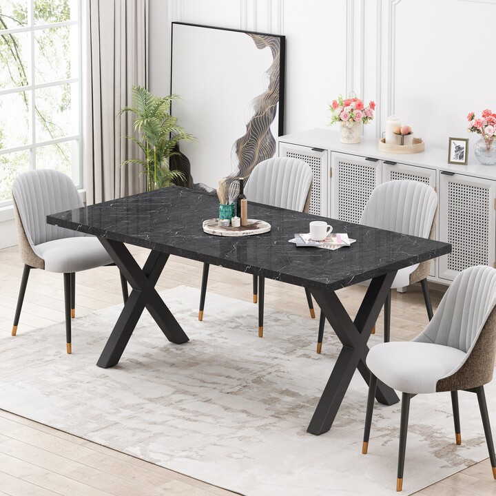 EDWINRAYLLC Modern Square Dining Table with Printed Black Marble MDF ...