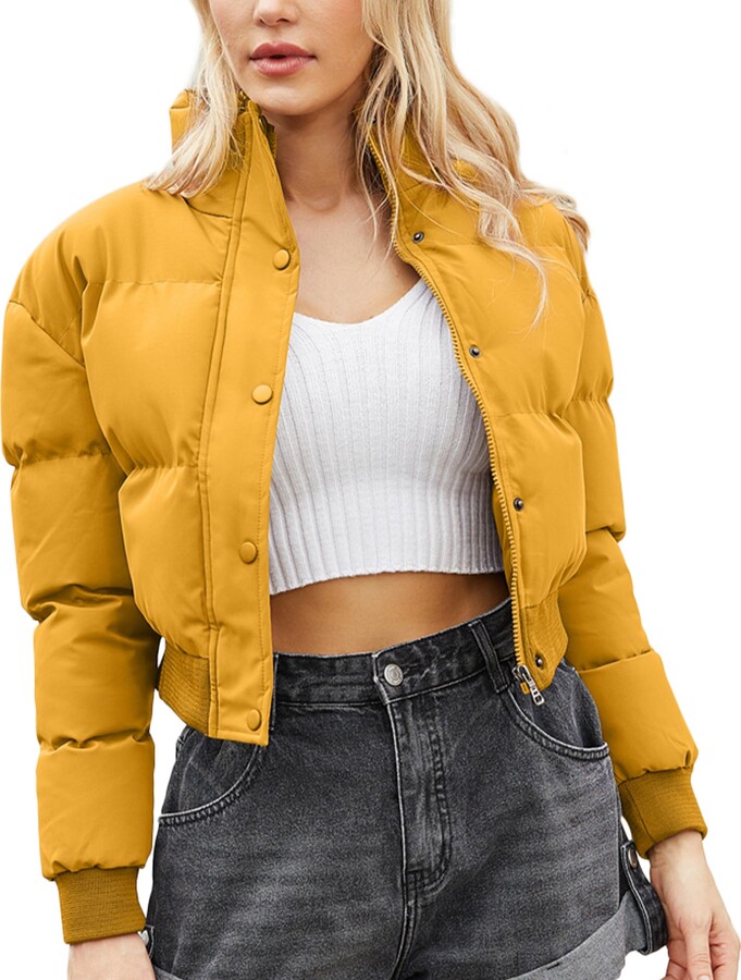 FEOYA Yellow Puffer Jacket Women's Cropped Puffer Jacket Padded Long ...