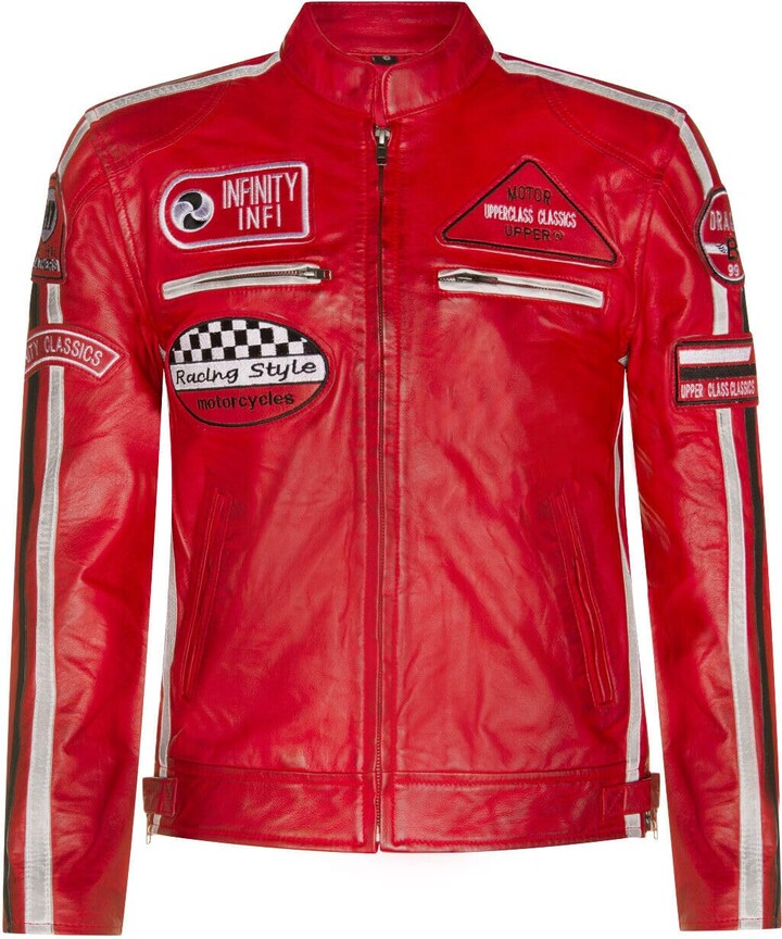 Infinity Leather Mens Red Leather Biker Badges Racing Moto Jacket S ...