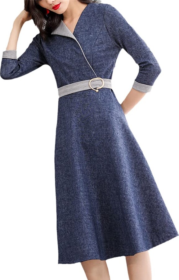 SUNRISE LIGHTING Spring Autmn Denim Women Three Quarter Sleeve Midi ...