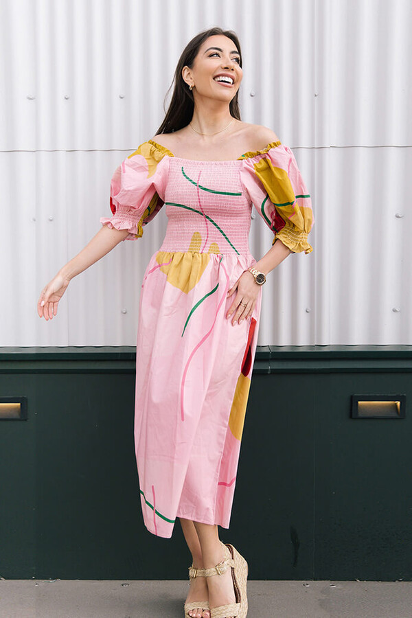 Jessie Zhao Valentina Abstract Smocked Pink Midi Dress - ShopStyle