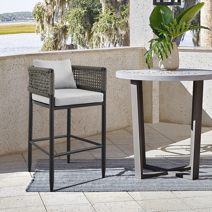 Armen Living Felicia Outdoor Patio Counter Stool in Aluminum with Grey Rope and Cushions ...