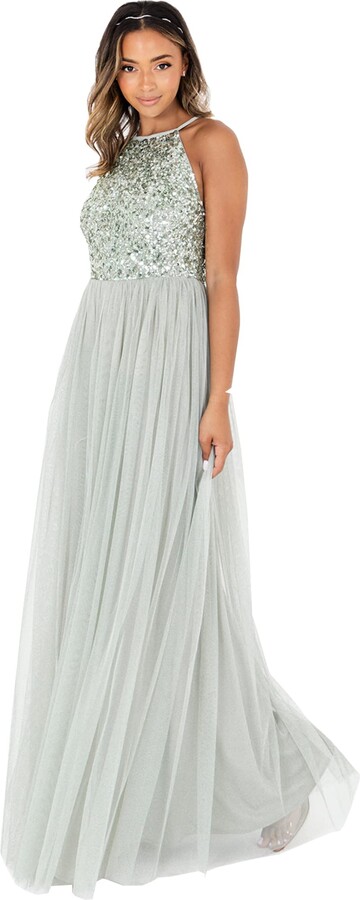 Maya Deluxe Women's Maya Deluxe Green Lily Embellished Halter Neck Maxi ...