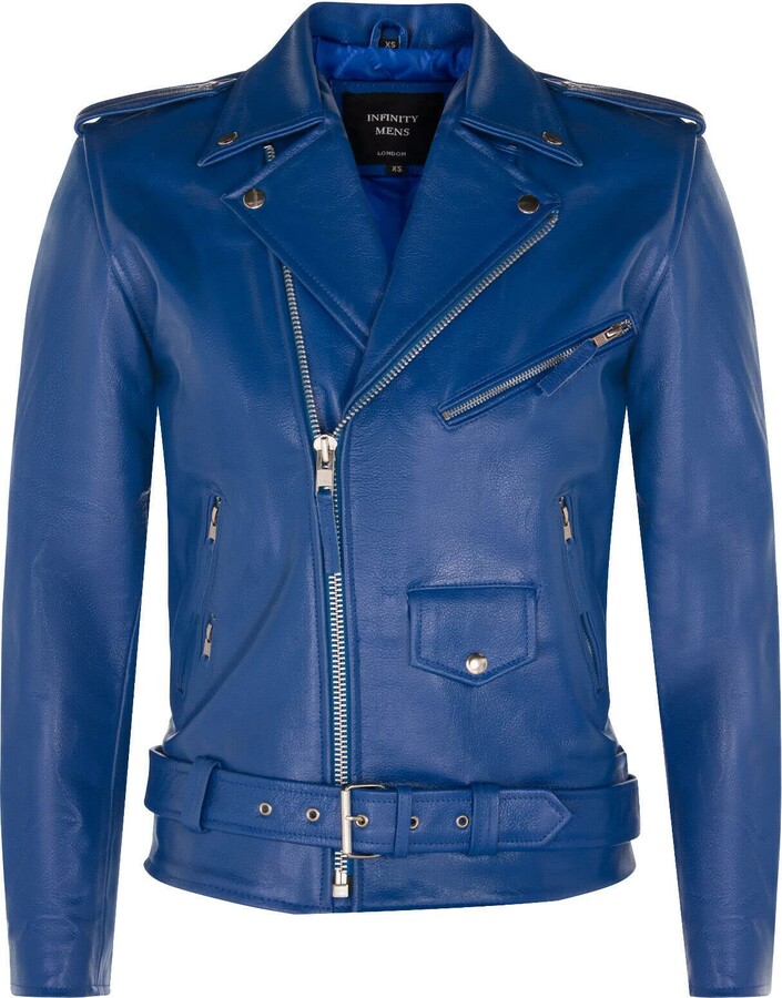 Infinity Leather Men's Leather Blue Brando Biker Jacket Rock Motorcycle ...