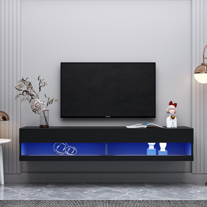 CTEX 180 Wall Mounted Floating 80" Wood TV Stand with LED Lights, Large ...