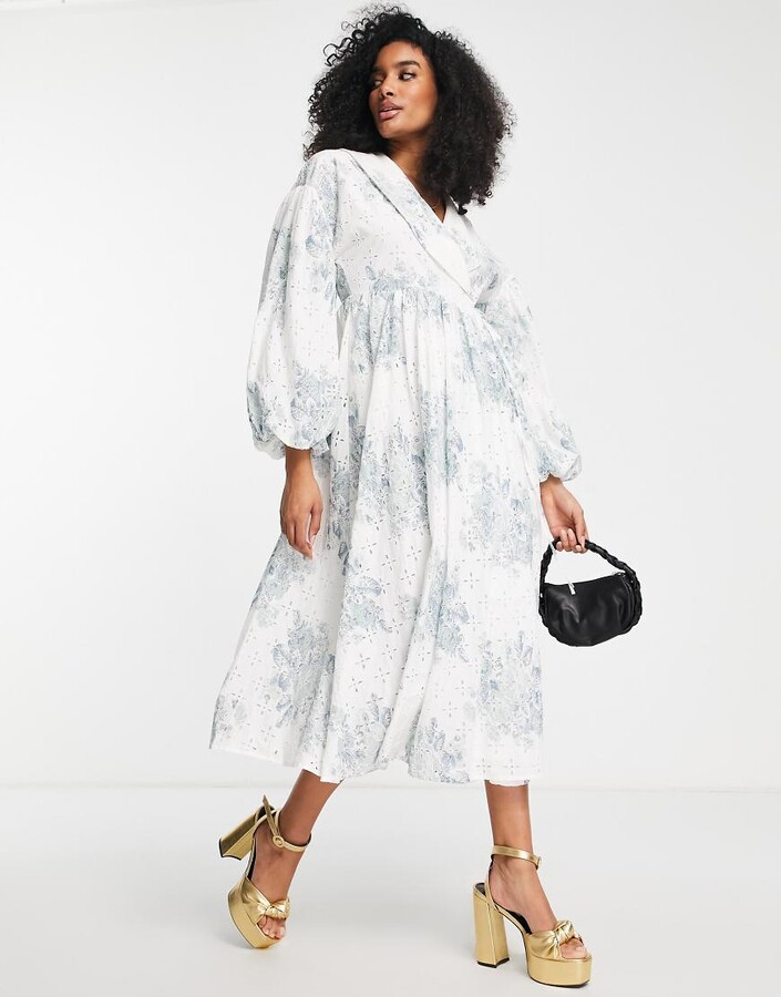 ASOS EDITION wrap smock printed broderie midi dress with collar in white - ShopStyle