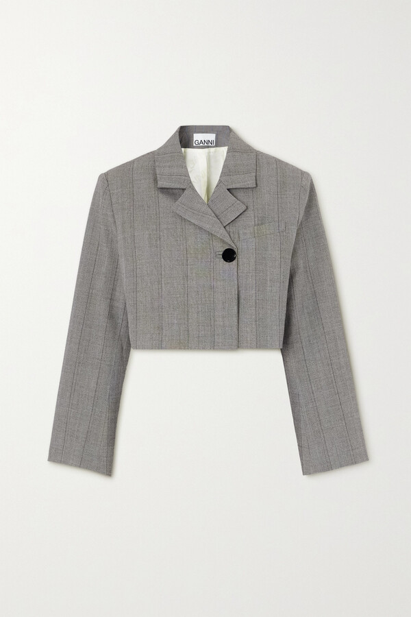 Ganni Cropped Herringbone Blazer - Gray - ShopStyle