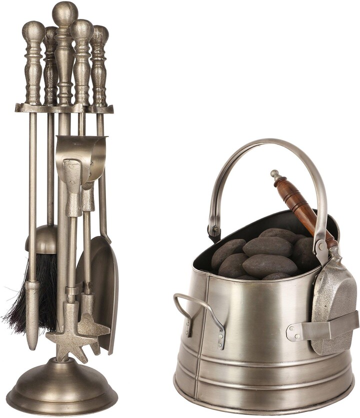 Dibor Contemporary Antique Pewter 4pc Freestanding Fireside Companion ...