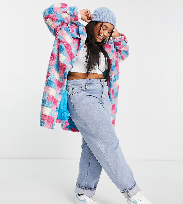 Girlfriend Material Curve longline utility coat in multi check teddy ...