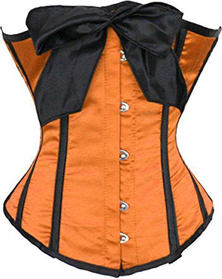 CorsetsNmore Women’s Orange And Black Satin With Front Bow Design ...