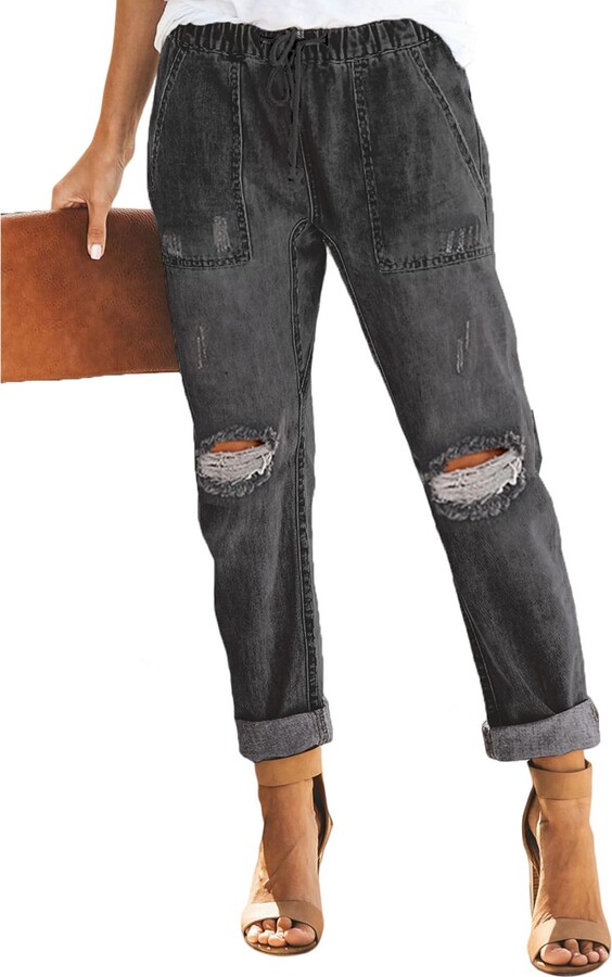 Elapsy Womens Denim Ripped Jeans Distressed Elastic Waist Drawstring ...