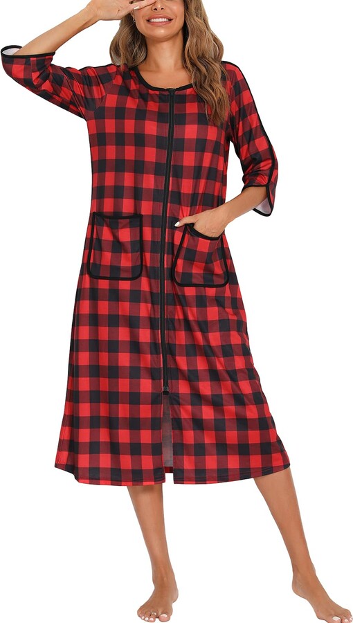 Rubehoow Oversized Robes for Women Zip Up House Coat O-Neck Duster Robe ...