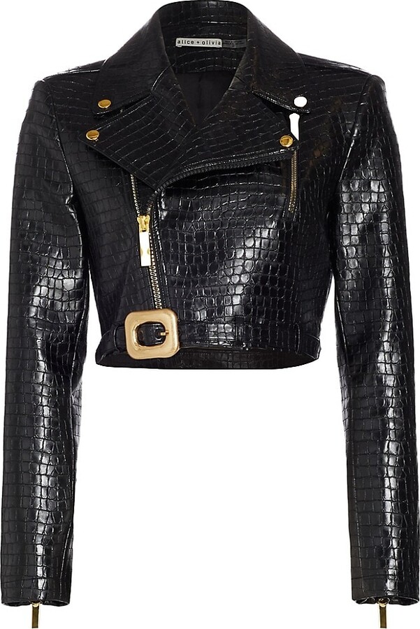 Alice + Olivia Krishna Croc-Embossed Vegan Leather Crop Moto Jacket ...