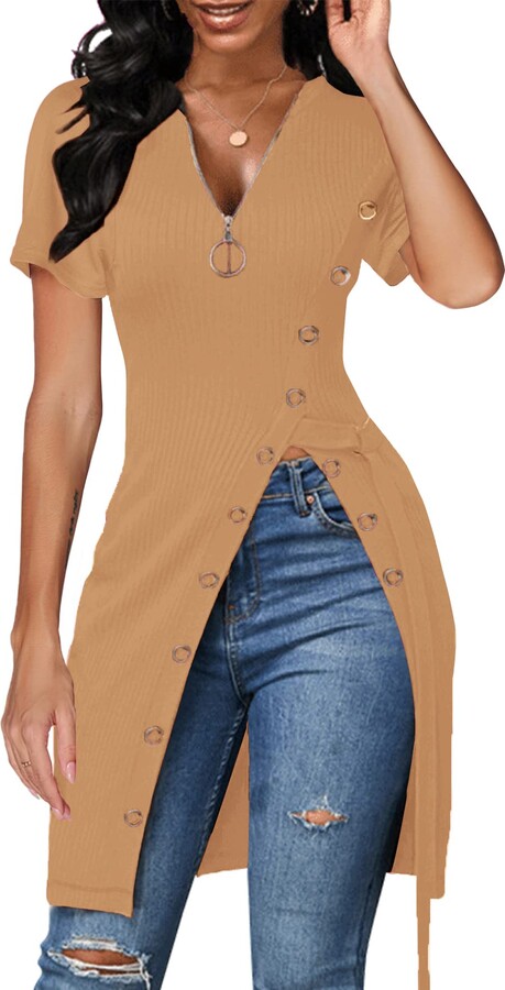 Rooscier Women's Ribbed Deep V Neck Short Sleeve Asymmetric Split Up ...