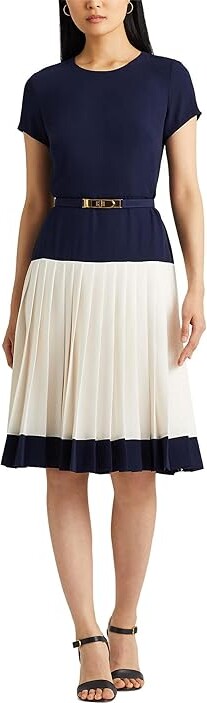 Lauren Ralph Lauren Two-Tone Belted Georgette Dress (French Navy/Mascarpone Cream) Women's Dress ...