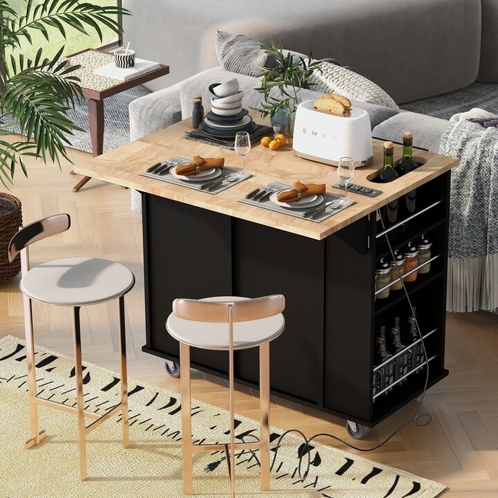 GEROJO Kitchen Island on Wheels with Power Outlet, Drop Leaf, Adjustable Storage and Wine Rack ...