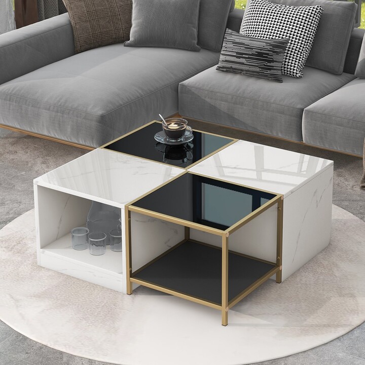 2-layer High Gloss White Marble Finish Coffee Table with Metal Frame ...