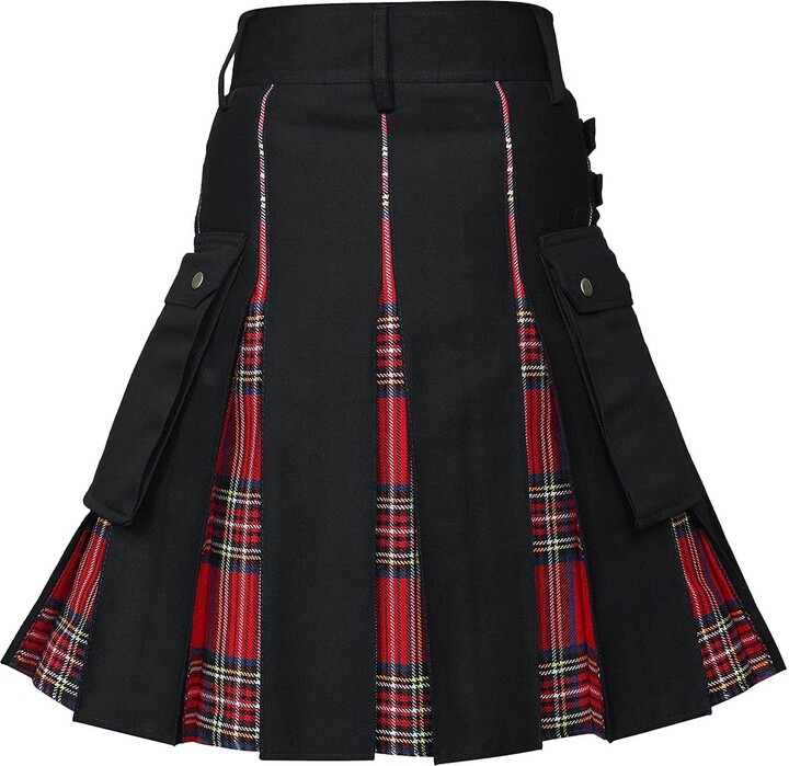 QIFLY Traditional Scottish Plaid Kilt Men Cotton Utility Kilt Punk Goth Style Kilt Military ...