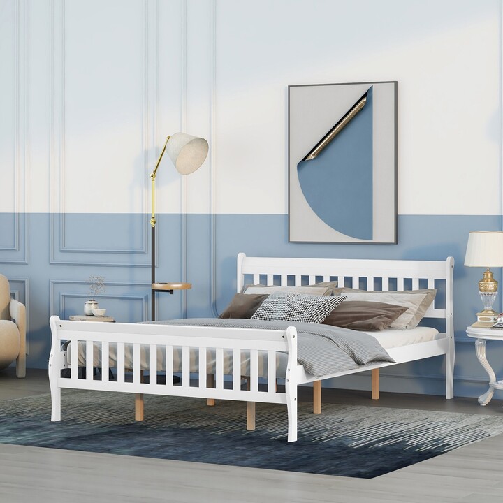 IGEMAN Queen Size Wood Platform Sleigh Bed with Slats Style Headboard ...