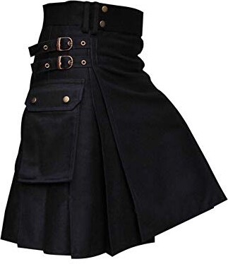 BaronHong Tartan Utility Kilts for Men Linen Tartan Kilt with Straps Large Cargo Pockets(Black ...