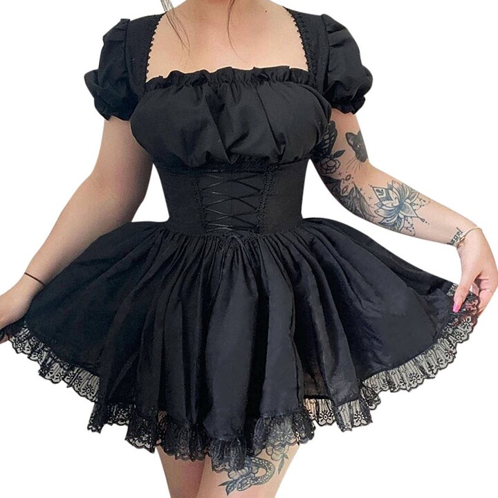 ESSECMBS Women's Sexy Mini Princess Dress Weet Puff Sleeve A-line Dress ...