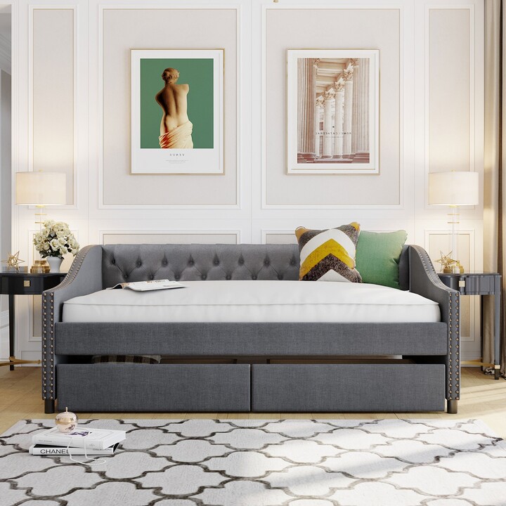 EDWINRAY Full Size Daybed with Storage Drawers, Upholstered Daybed with ...