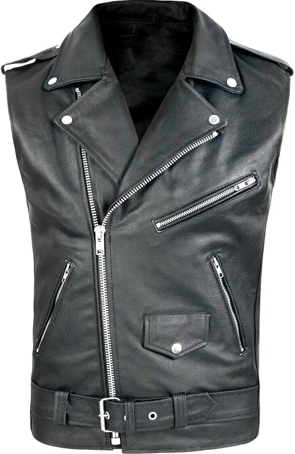 Faonkeew Leather Vest Men's Zip Chopper Vest Biker Vest Motorcycle Vest ...