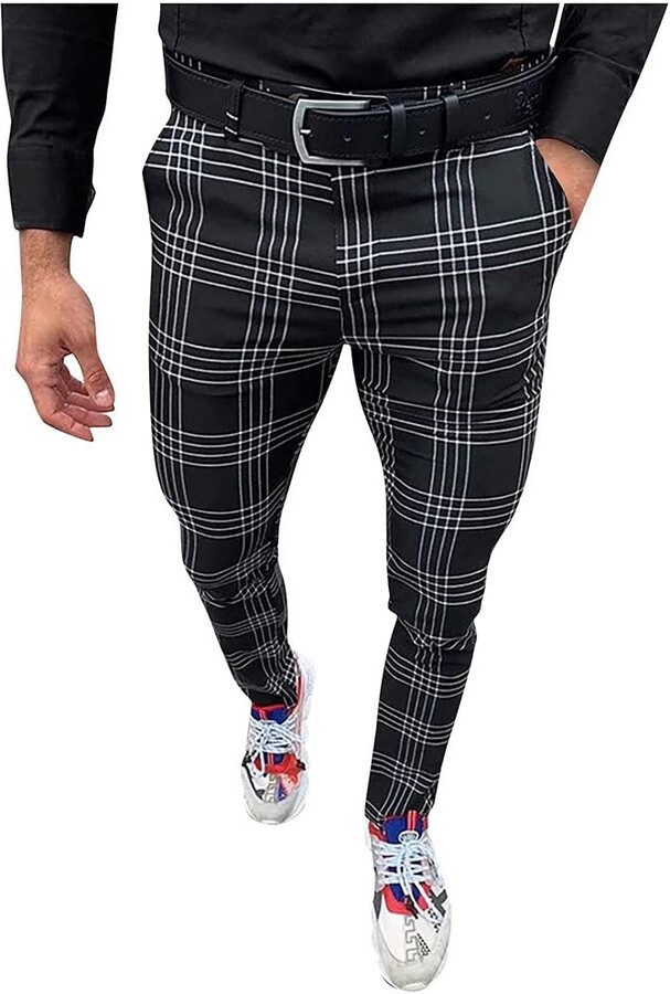 Darabun Mens Casual Check Trousers Men's Slim Fit Plaid Pants Vintage ...