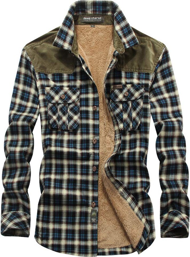 GUOCU Mens Padded Check Shirt Lumberjack Collared Quilted Jacket Thick ...