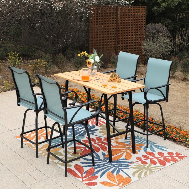 COCAM 5-Piece Patio Bar Stool Set Wood-grain Bar Table & Aqua Textilene ...