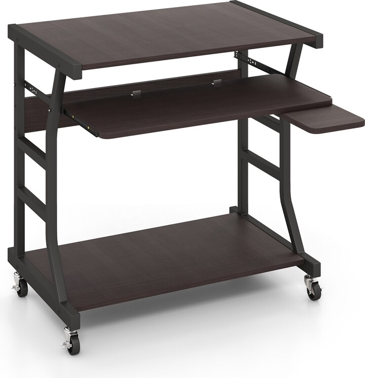 Mobile Computer Desk with Keyboard Tray Mouse Tray and Shelf-Dark Brown ...