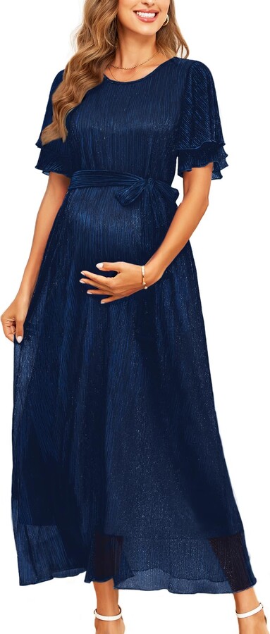 AISWI 2025 Maternity Sparkly Mesh Maxi Flowy Dress with Belt Ruffle ...