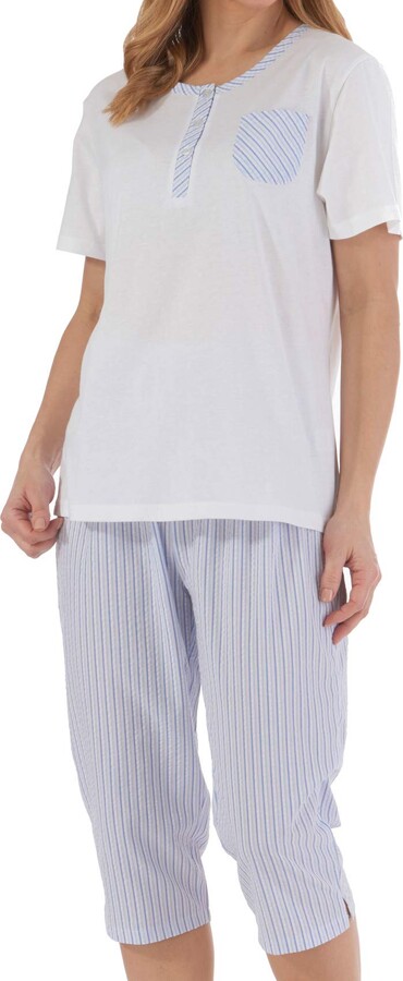 Slenderella Ladies Seersucker Cropped Pyjamas PJ55223 Blue 10-12 ...