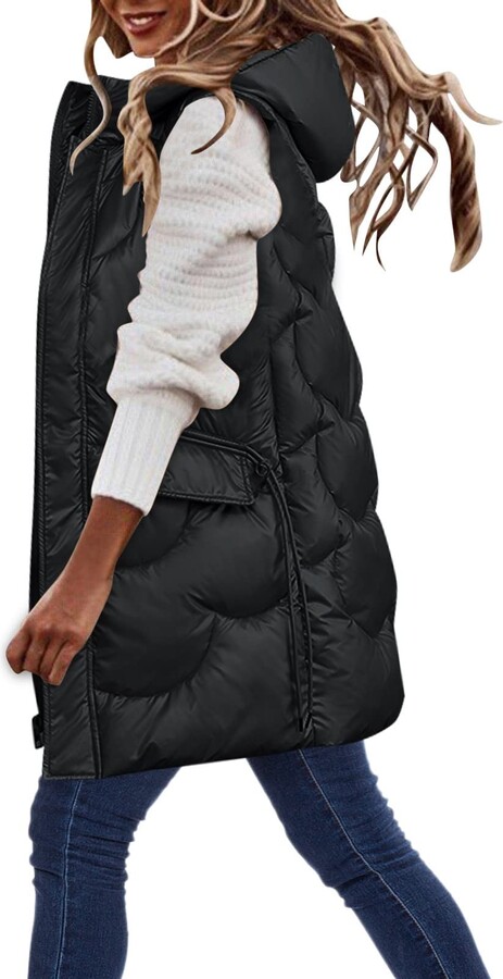 PAIDAXING Women's Long Gilets Winter Hooded Quilted Down Gilet Body Warmer Zip Up Sleeveless ...
