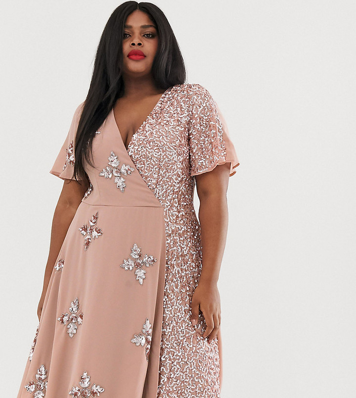 Maya wrap front embellished midi dress with contrast sequin in pink ...