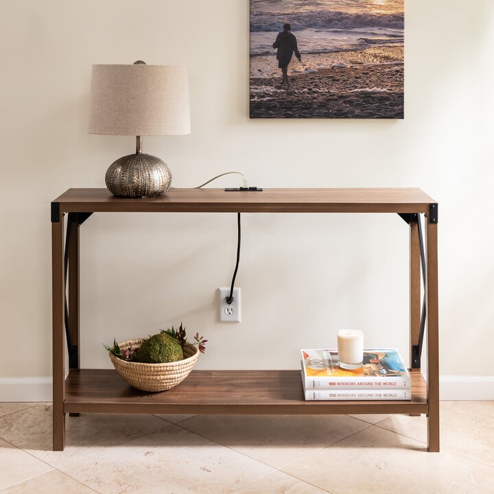 Global Pronex Industrial Rectangular Wood Console Table with AC Power ...